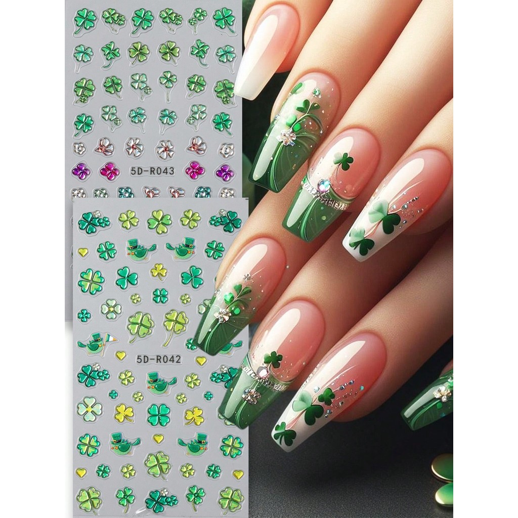 5D Embossed Clover Nail Art Stickers - Engraved Four Leaf Clover ...