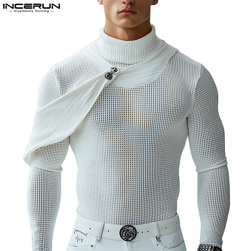 INCERUN Men Vintage Advanced High Neck Mesh Patchwork Full Sleeve T ...