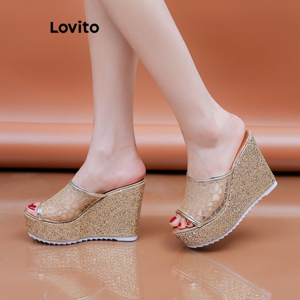 Lovito Women Elegant Plain Lace Fashion Wedge Thick Sole Metallic Color ...