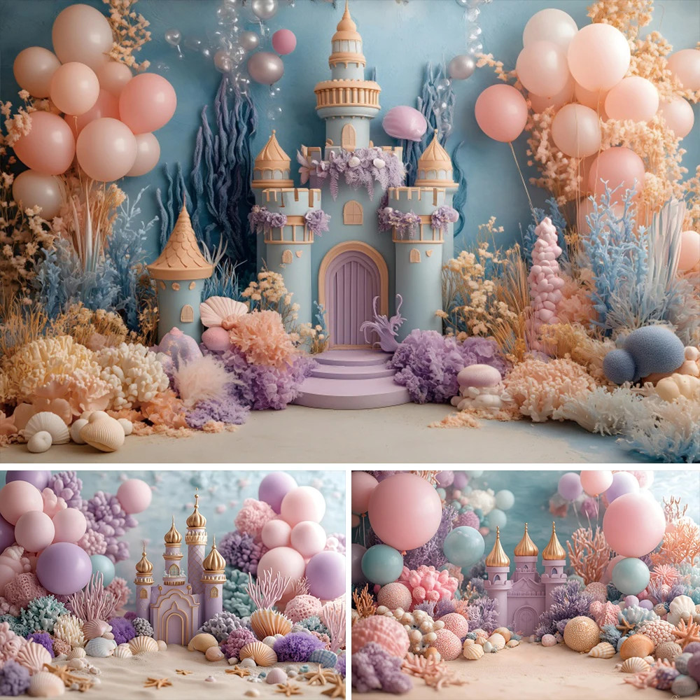 Polyester Princess Castle Birthday Backdrop Fairy Tale Girl Birthday Party Coral Beach Color ...