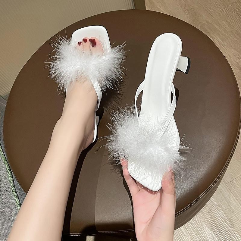 Korean fashion thick heel plush sandals women HEELS 6CM 2.2 INCH HEEL ...