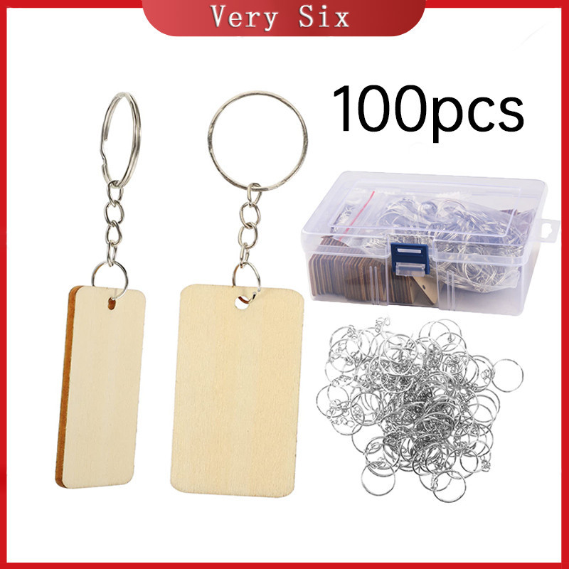 100Pcs Blank Wooden Keychain Set DIY Wood Keychain Rectangle Wood Key ...
