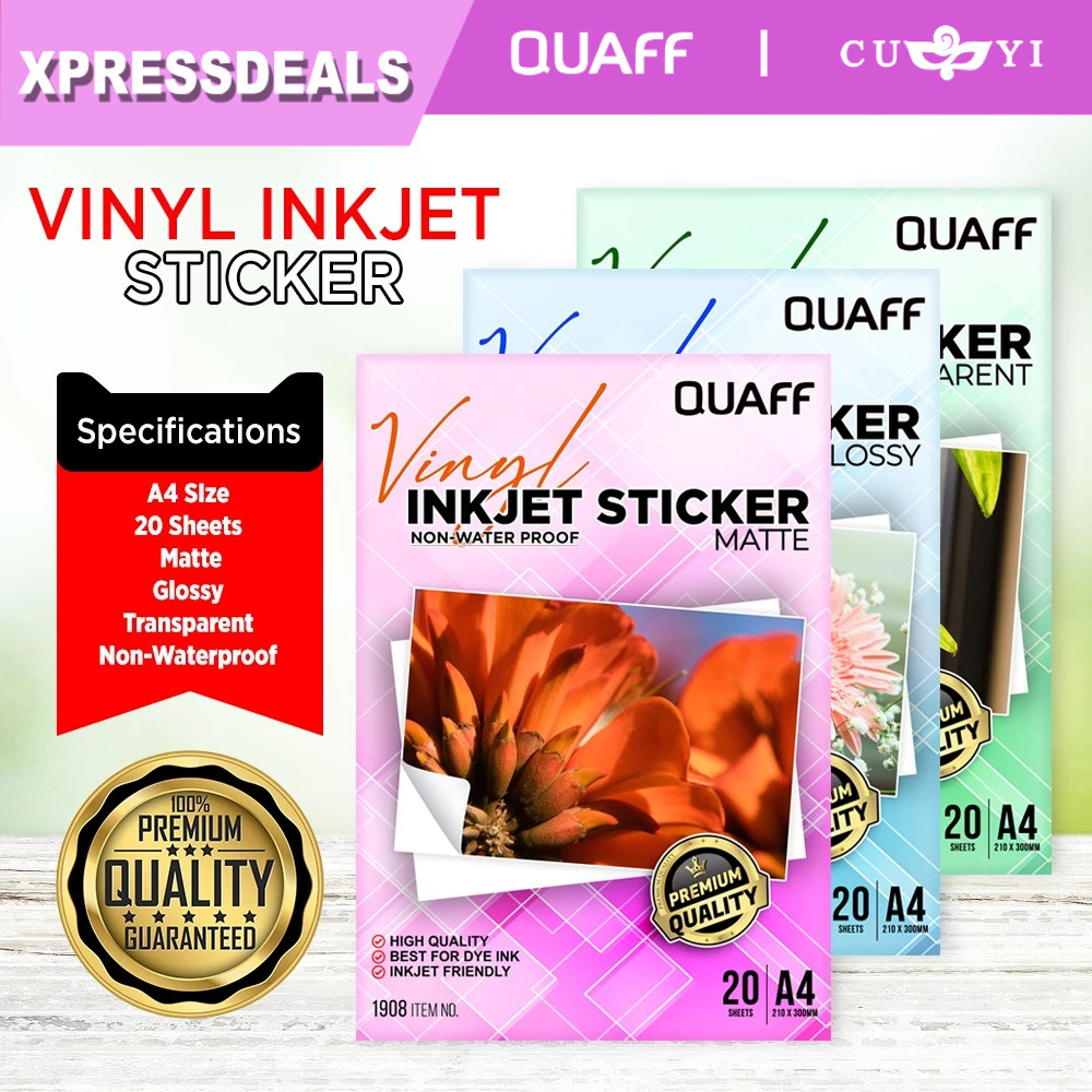 Quaff Vinyl Inkjet Sticker A4 Size Glossy / Matte / Transparent (20 ...