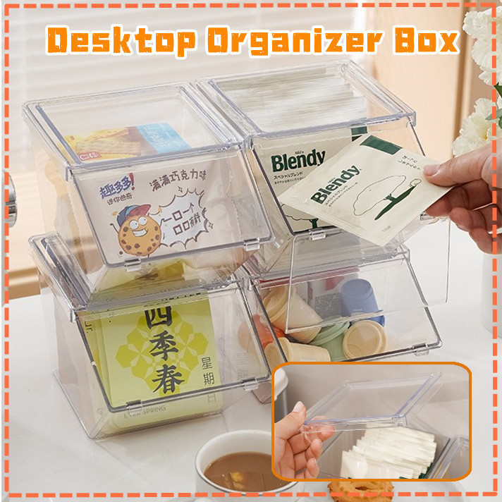 1PC Clear Fliptop Lid Desktop Bin Stackable Organizer Plastic Home ...