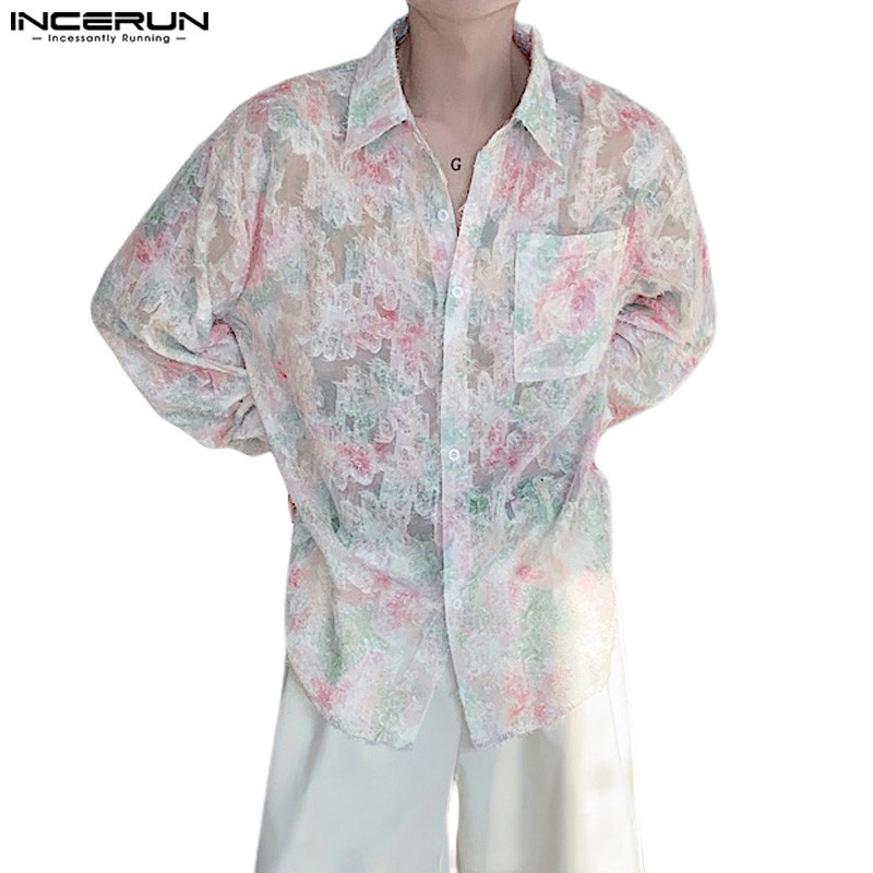 INCERUN Men Korean Fashion Floral Printing Long Sleeve Design Shirts ...