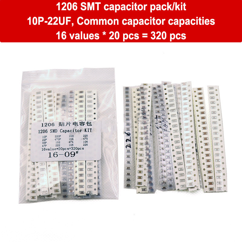1206 SMD capacitor pack/kit, 10P-22UF, Common capacitor capacities, 16 ...