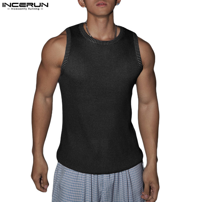 INCERUN men's retro vest sweater men's minimalist distressed sleeveless ...