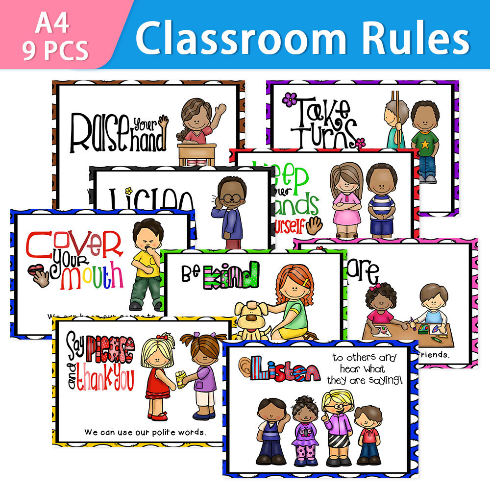 FF-9Pcs English Poster Classroom Rules A4 Big Cards Kindergarten Early ...