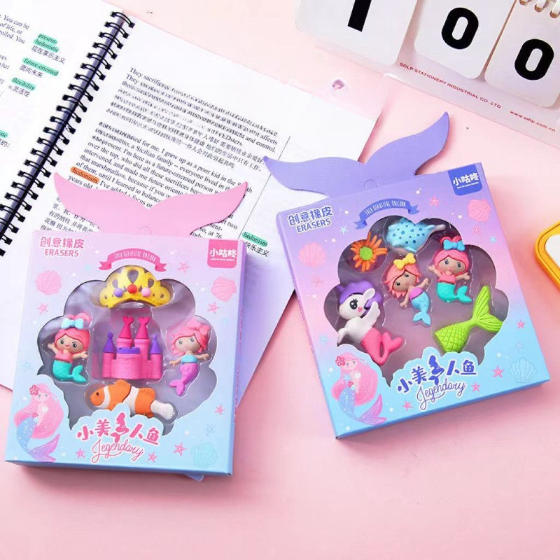 Pack of 5, Erasers School Supplies, Mermaid Ocean Princess Shape Eraser ...