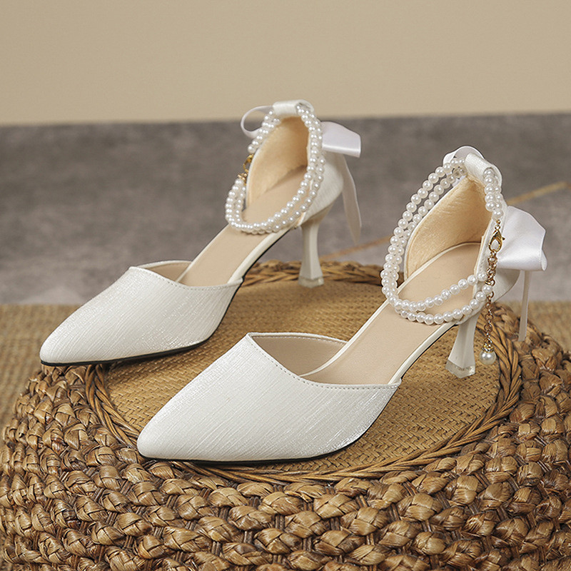 Heels for Women Elegant White Heels with Pearl Chain Sandals Heels for ...