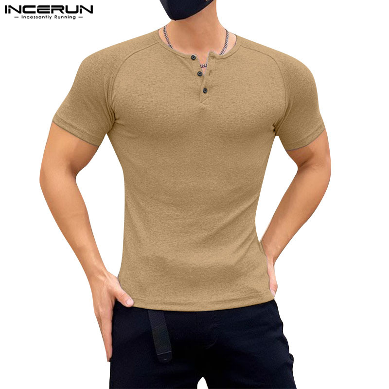 INCERUN Men Korean Casual Versatile Crew Neck Half-Button Raglan Sleeve ...