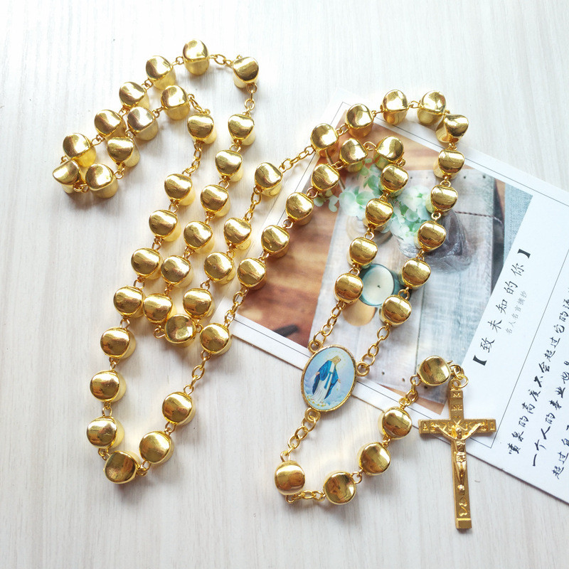 Gold Plated Catholic Rosary Necklace with Double-Sided Virgin Mary ...