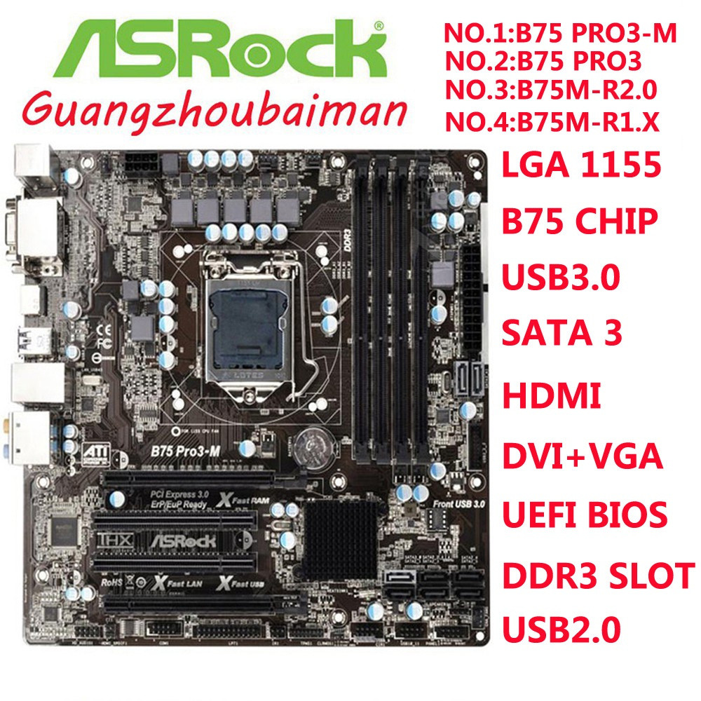 Used ASROCK B75 PRO3-M Motherboard Micro ATX / B75 PRO3 for INTEL LGA1155 B75 Desktop ...