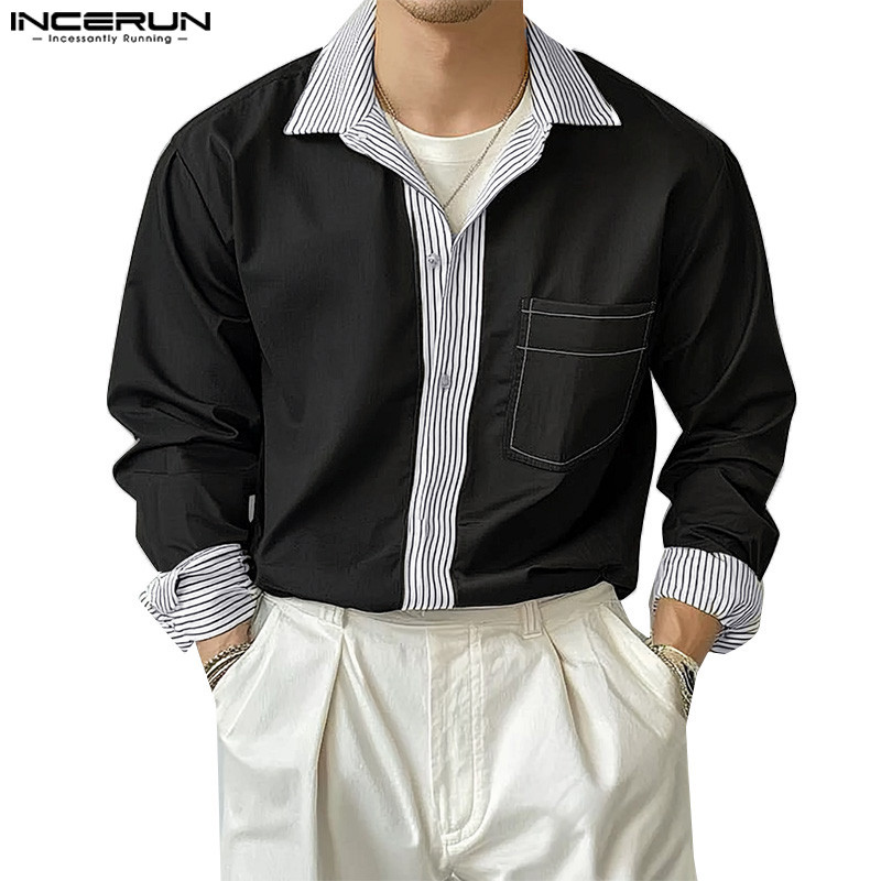 INCERUN men's spliced casual style striped contrasting shirt | Shopee ...
