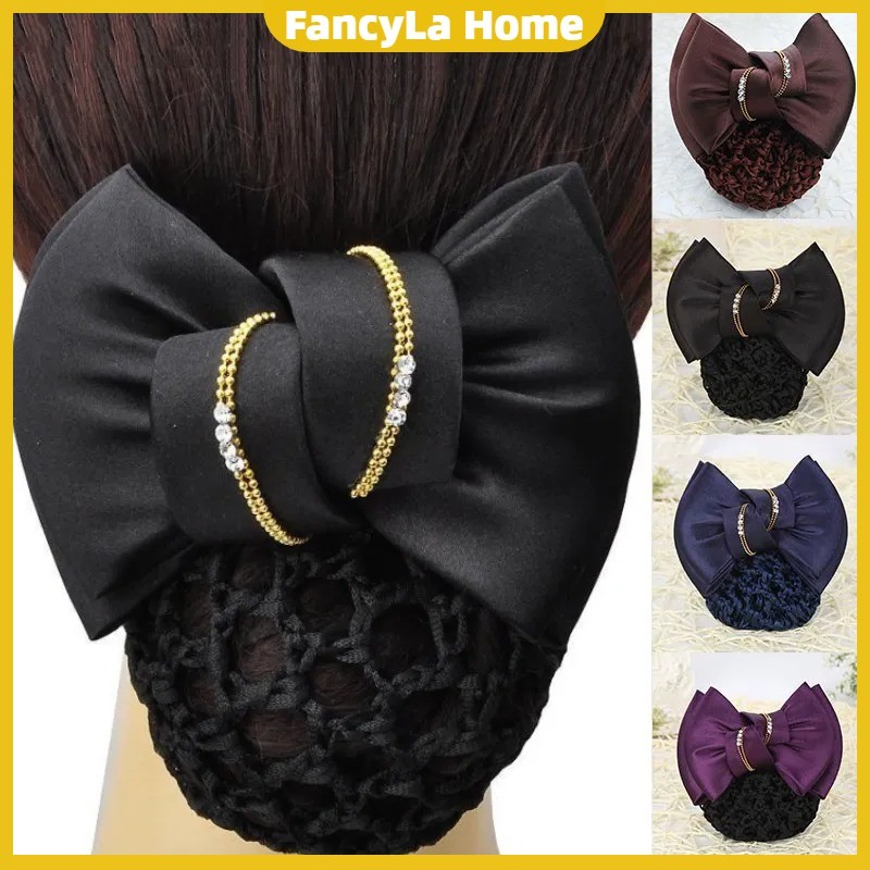 Korean Satin Bow Hairclip with Net Bun Ribbon Hair Bun Cover Elegant ...