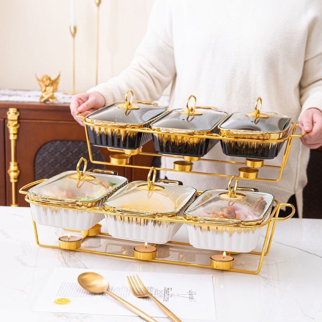 Kitchen Plus Luxury 3 Tier Ceramic White Gold Ceramic Chafing Dish Food ...