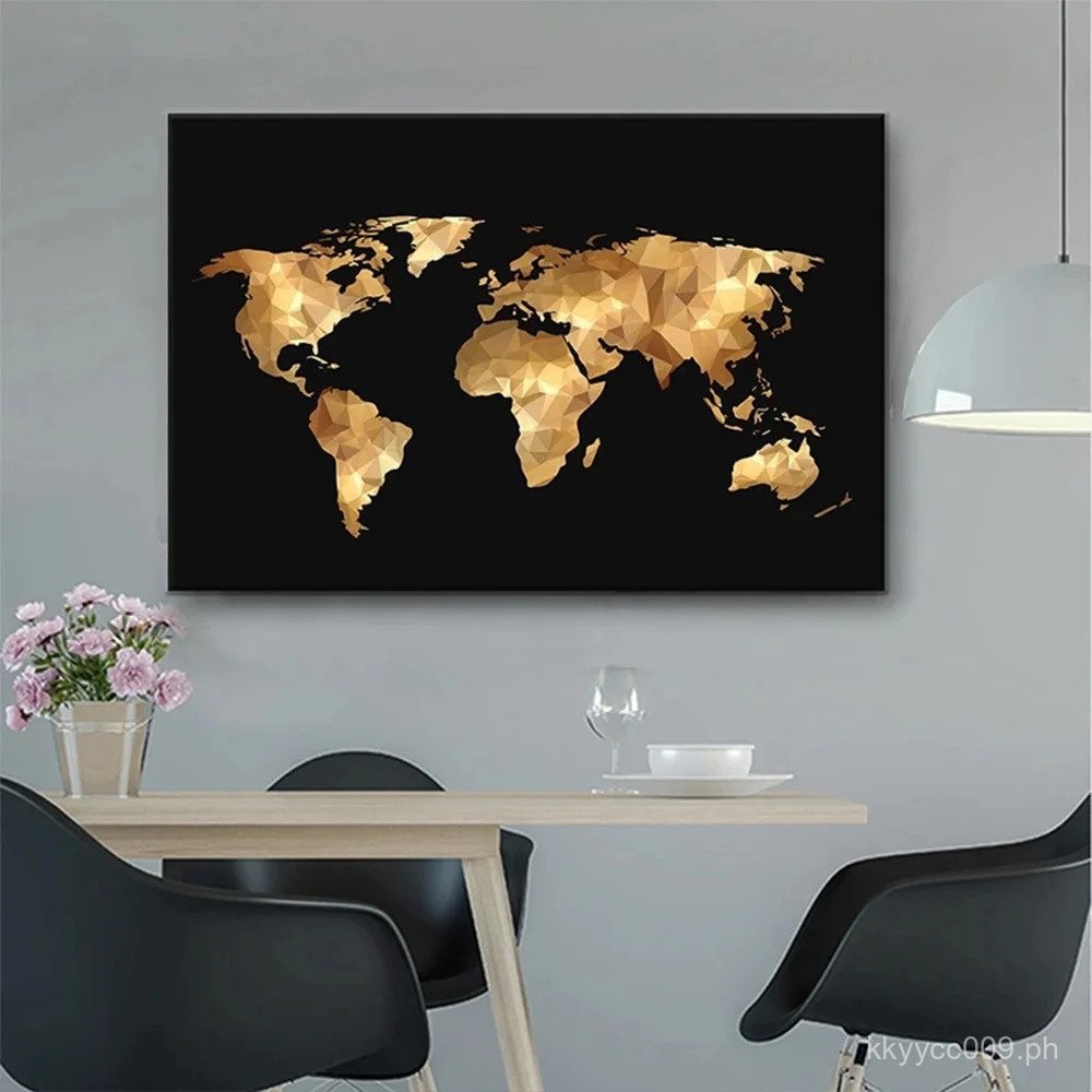 Black Gold World Map Canvas Painting Wall Art Minimalist Scandinavian ...