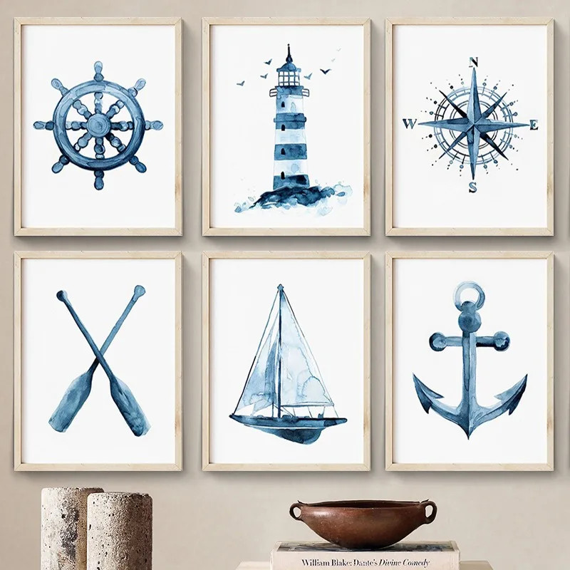 Blue Watercolor Coastal Nautical Posters Prints Rudder Compass Anchor ...