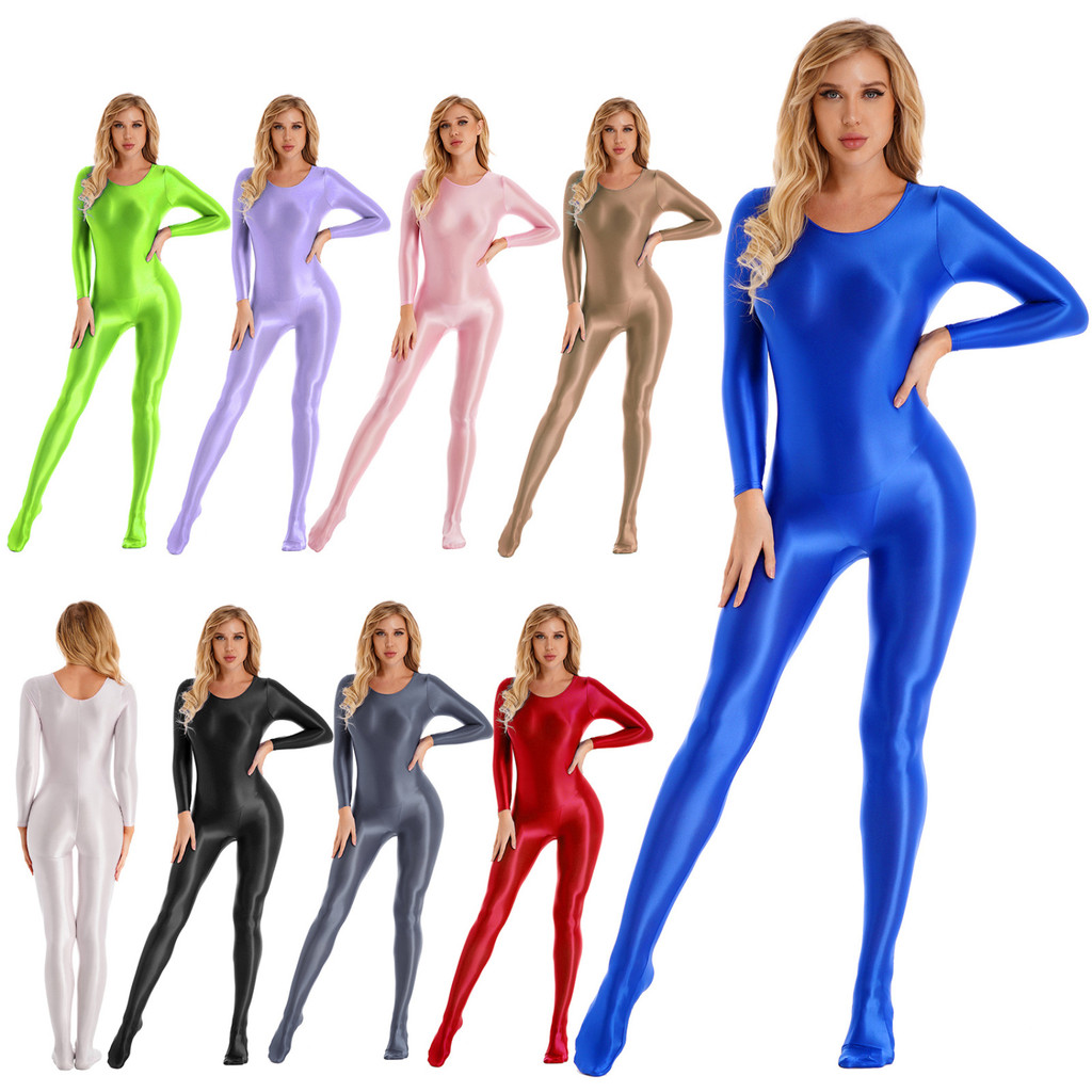Women Glossy Full Body Jumpsuit Long Sleeve Bodystocking Oil Shiny ...