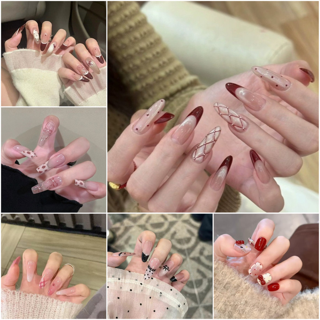 10pcs Almond Shape Fake Nail Kuku Palsu Pkain Color Lukisan Kuku Palsu ...