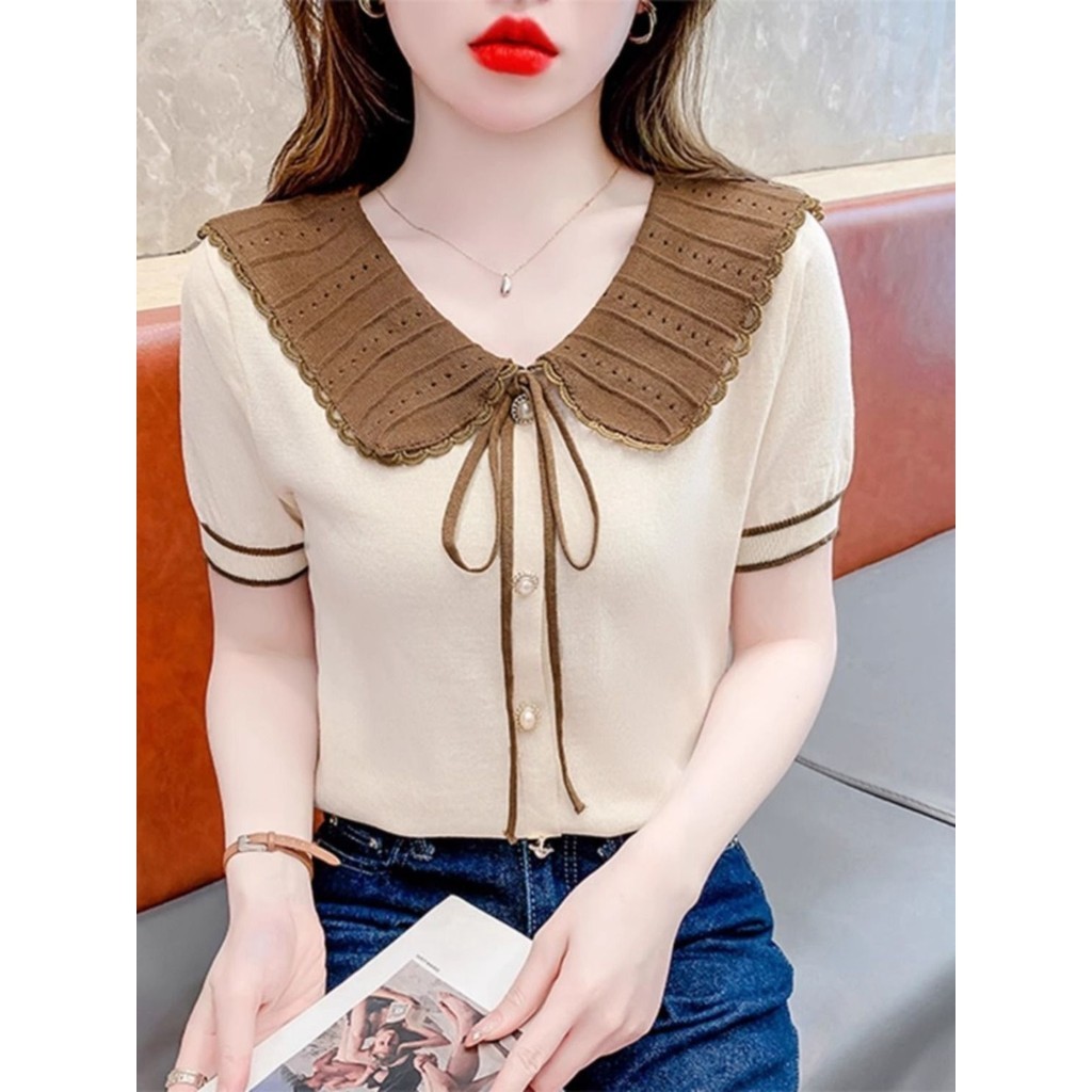 Bow tied knit shirt short sleeve ruffle edge blouse versatile fashion ...