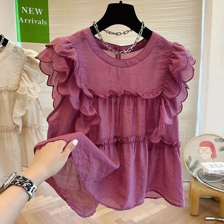 French Ruffled Flying Sleeves round Neck Shirt Women's Summer Sweet ...