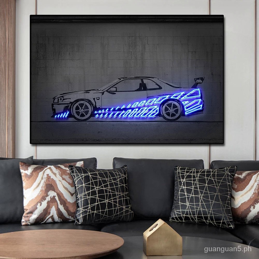 Car R34 Posters Canvas Painting Neon Prints Vintage Concrete Decor Fast ...