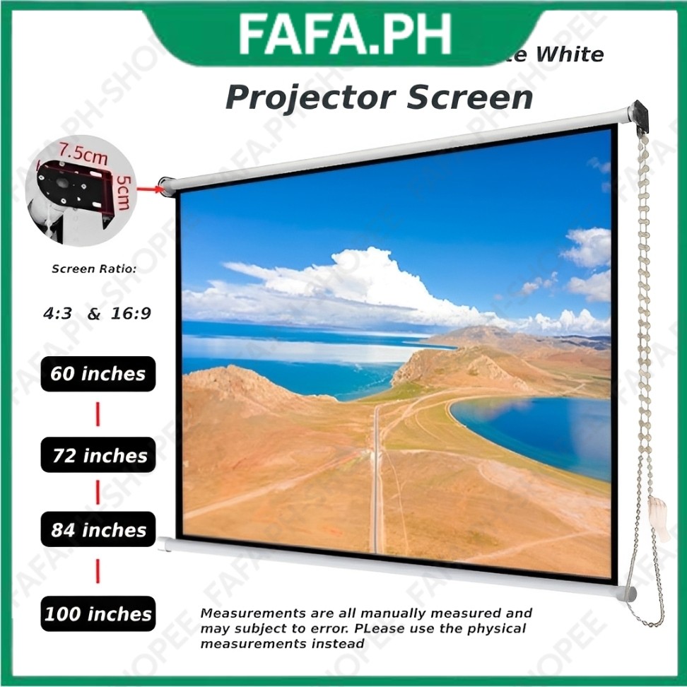 Projector Screen 4:3 16:9 100"/84"/72"/60" Foldable Curtain Pull-Down ...