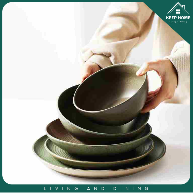 KEEP HOME Curve Round Vintage Ceramic Stoneware Tableware Dinner Salad ...