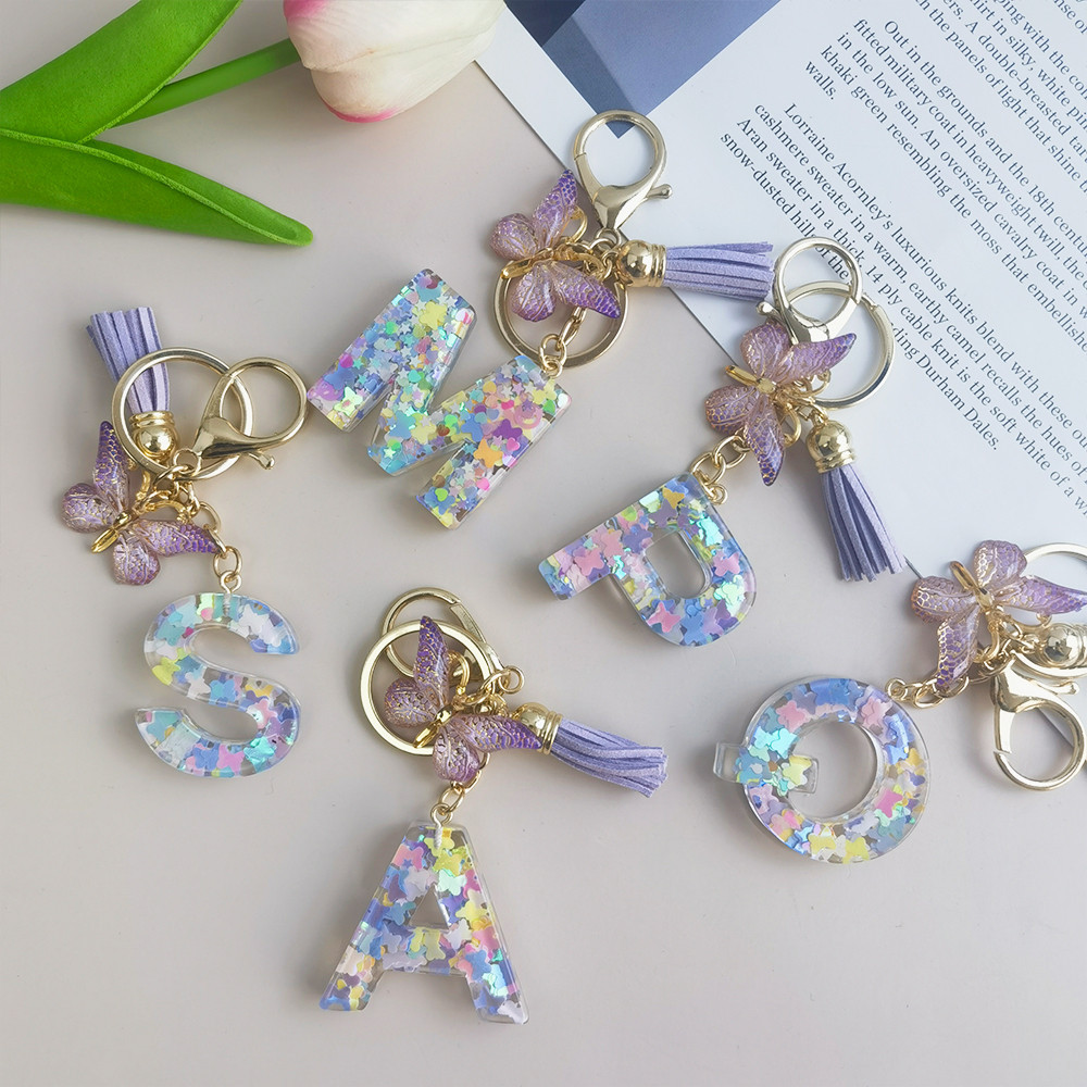 Purple Color Butterfly 26 Letters Key Ring Gradual Debris Fill Resin ...