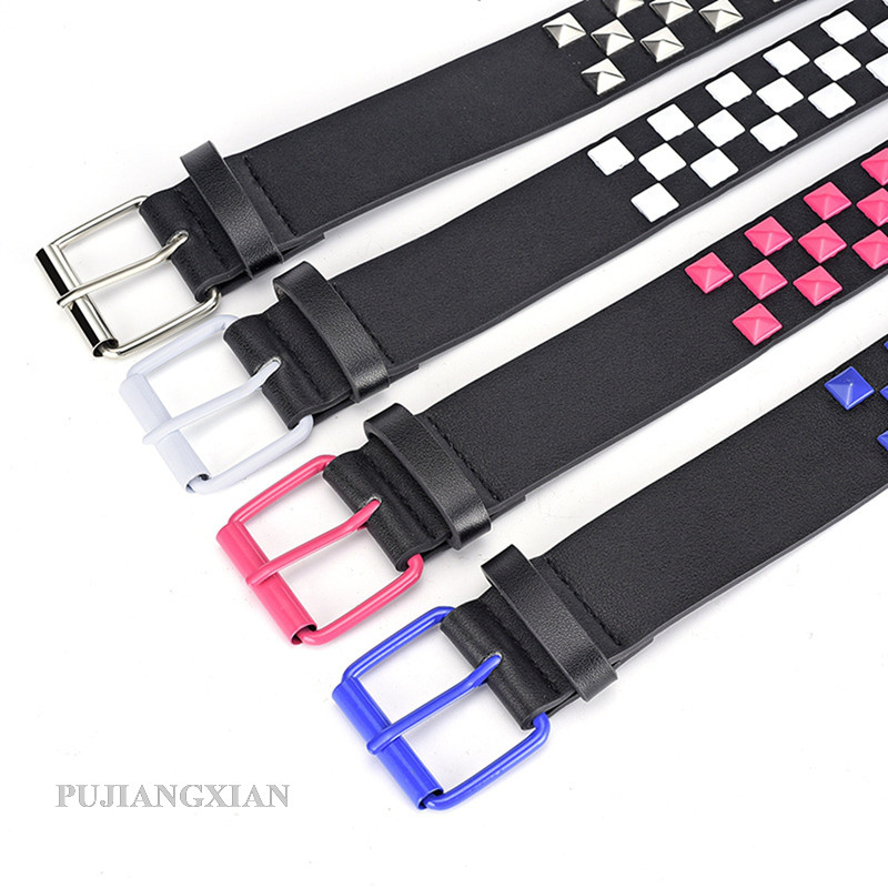[PJX] Checkerboard PU Belt Hip Hop Punk Belt Jeans Wide Belt Rivet Punk ...
