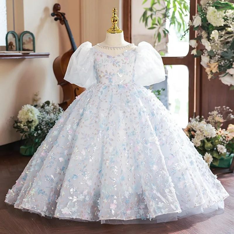 Kids Wedding Prom Gown Girl White Bridesmaid Long Trailing Dresses ...