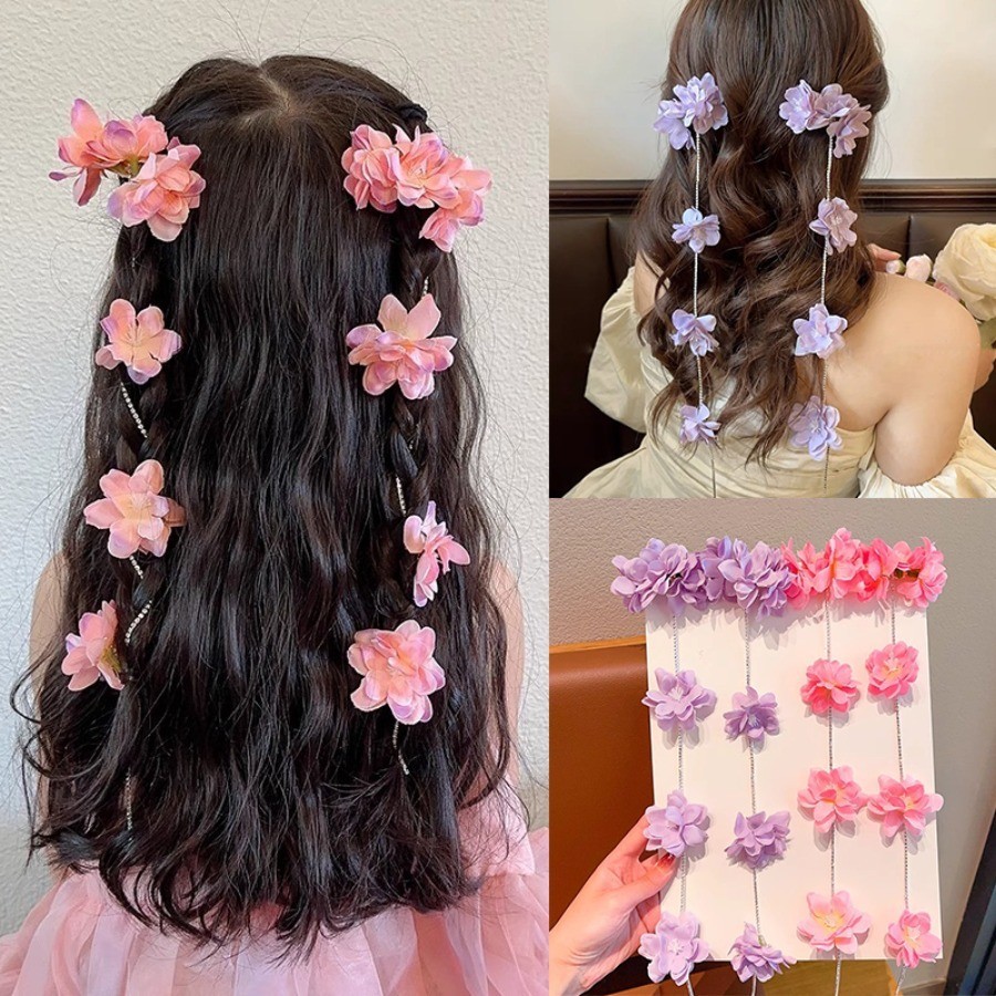 2 Pcs/Set Flower Rhinestone Tassel Hair Clip Crystal Chain Hairpin Side ...