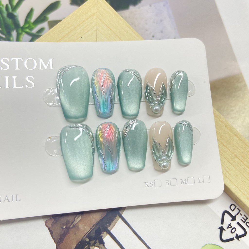 【HANDMADE】Artificial Nail Mint Candy Cat Eye Phototherapy press on ...
