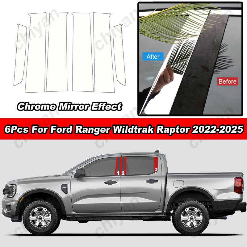 6Pcs Glossy Chrome PC Material Car Window Pillar Posts For Ford Ranger ...