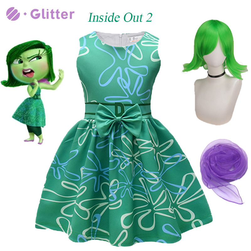 Movie Inside Out 2 Disgust Costume for Kids Girl Green Dress Scarf Wig ...