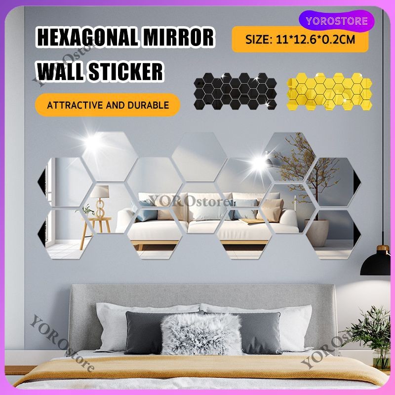 【12PC/6PC】11*12.6*6.3CM 3D Mirror Wall Stickers Removable Hexagonal ...