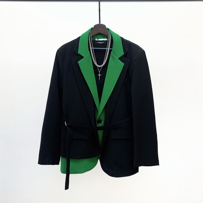Casual Ruffian Handsome Jacket Green Stitching Fake Two-Piece Contrast ...