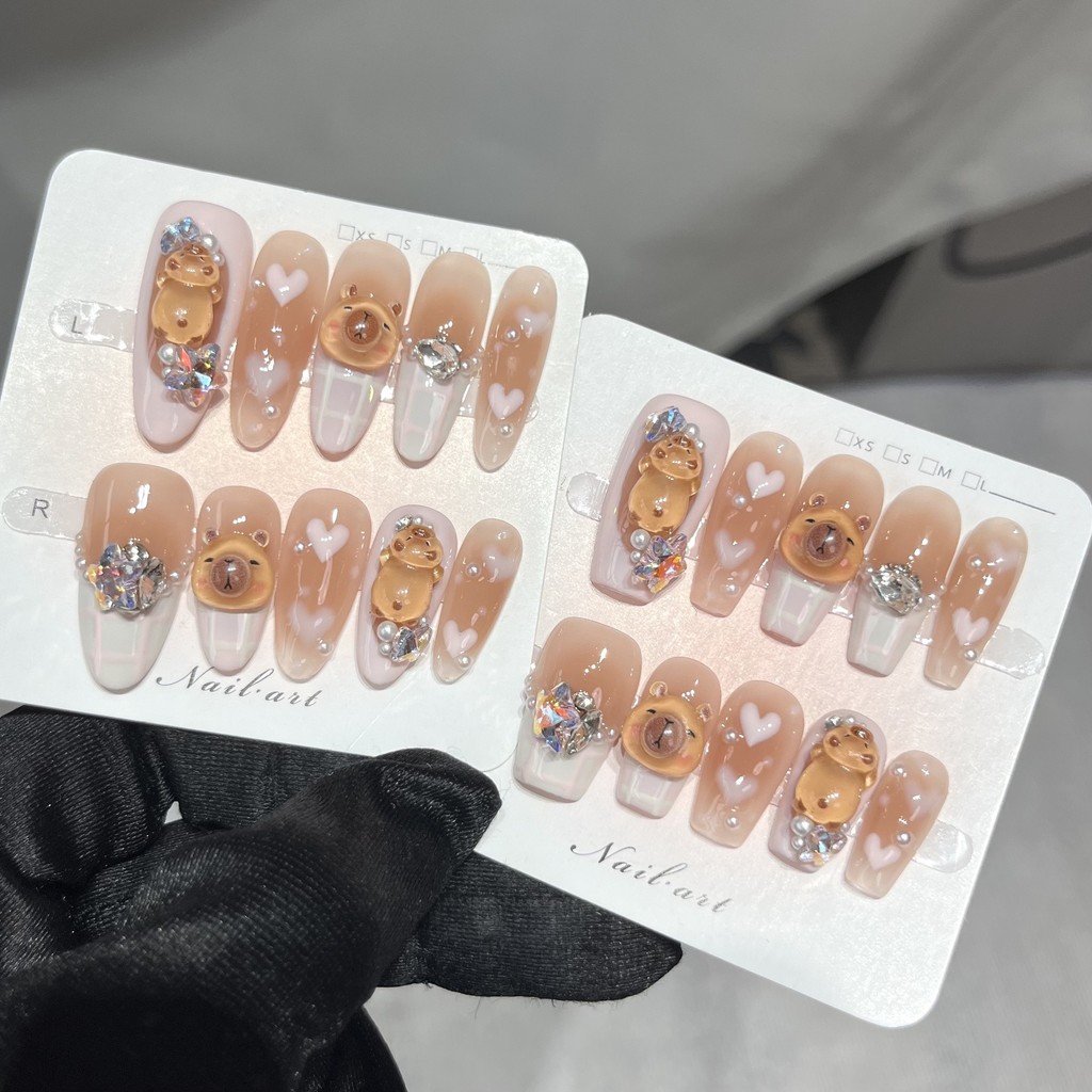 [5in1 Toolkit+HANDMADE]Artificial Nail Capybara Cartoon Bear Cute ...