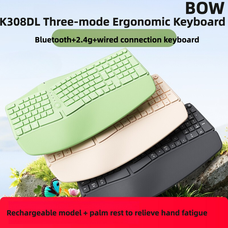 BOW Ergonomic Three-mode 2.4g Wireless Bluetooth Keyboard Charging Palm ...