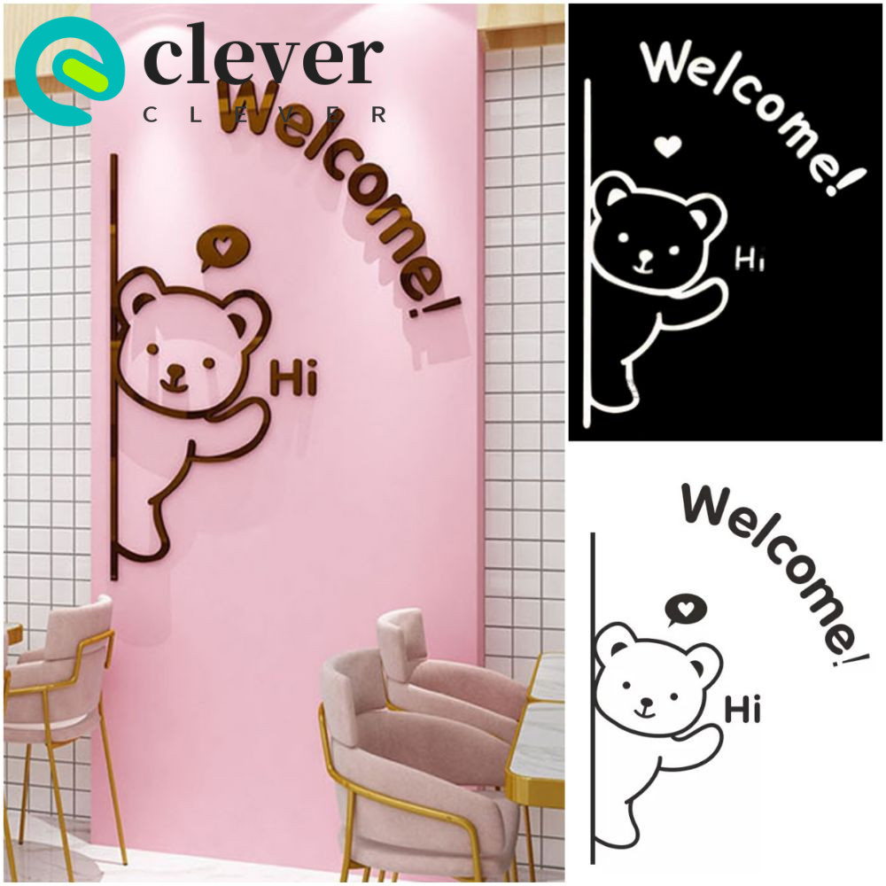 CLEVER Welcome Wall Stickers, Black White Cartoon Bear Door Decals ...