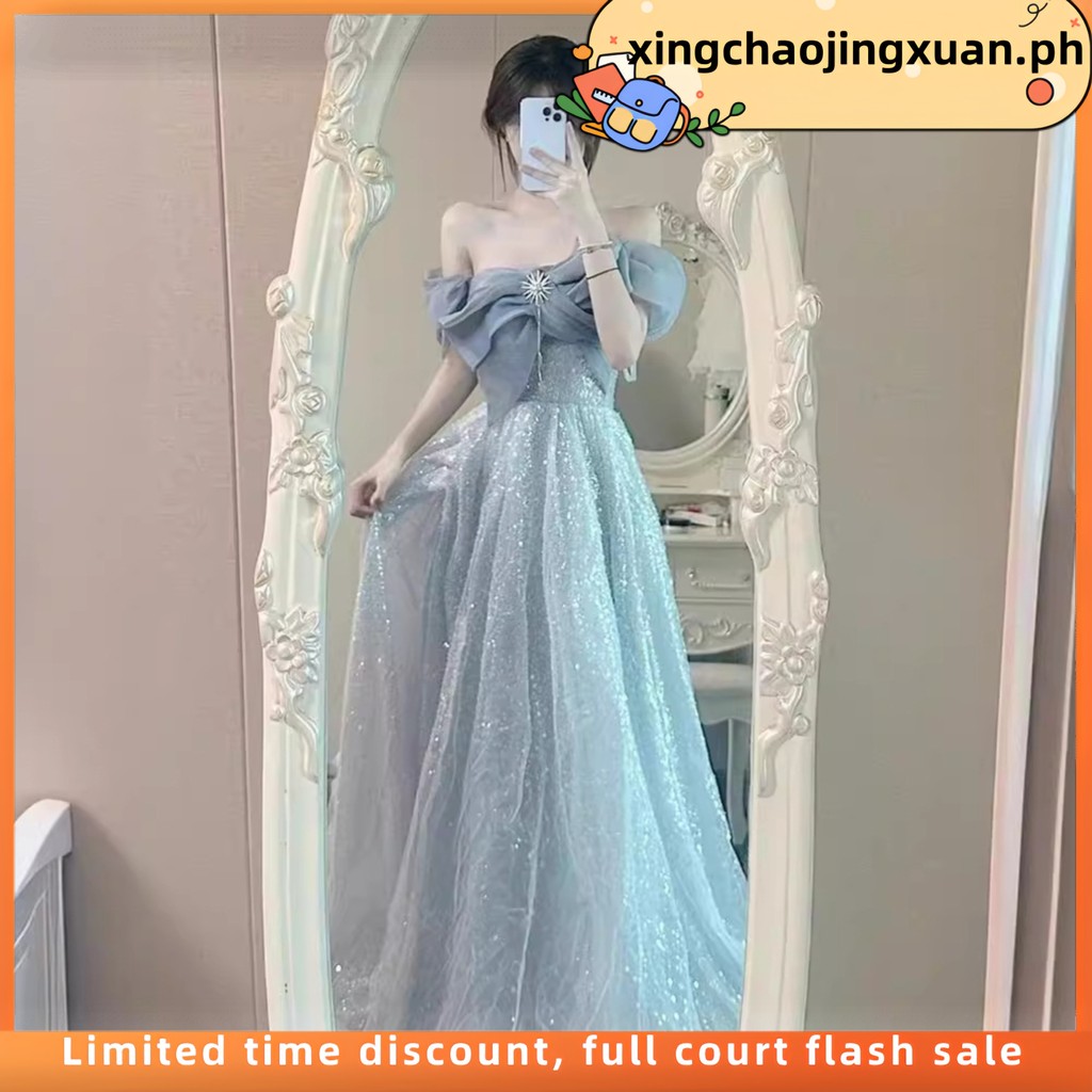 Hawlife Korean Blue Elegant Puff Sleeve Evening Prom Ball JS Debut ...