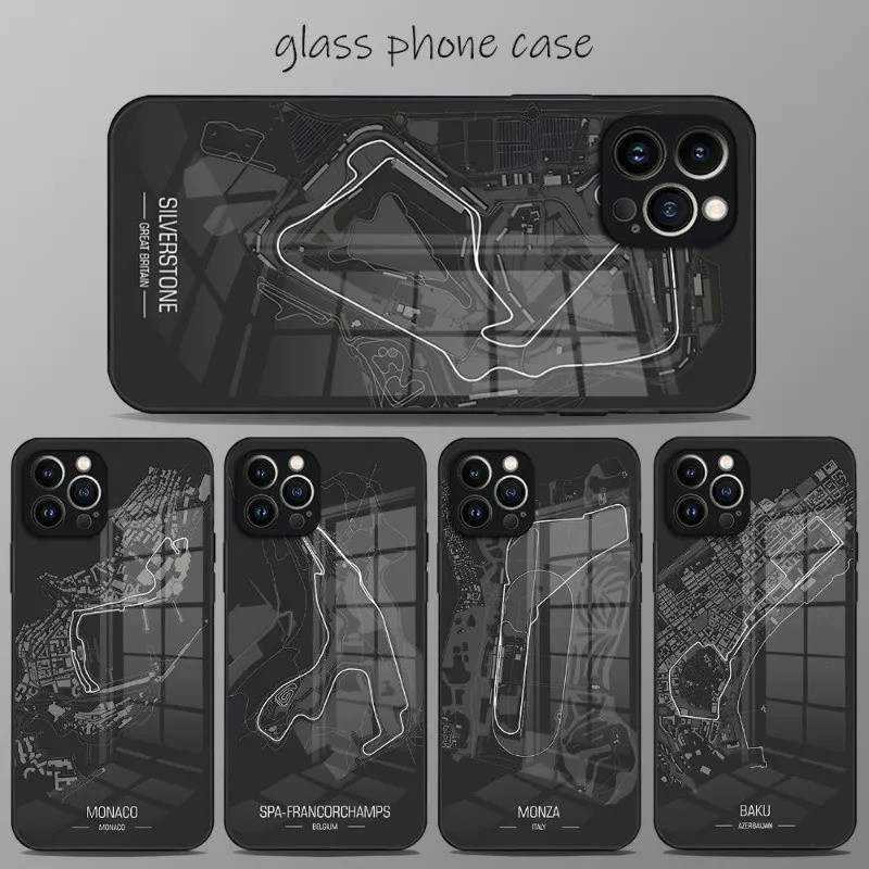 F1 race tracks phone case, tempered glass case for iPhone 15 14 13 12 ...