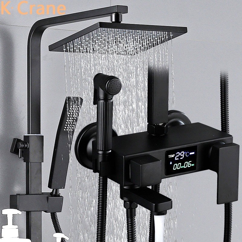 RR+~Digital Shower System Bathroom Wall Mounted Black Shower Set Square ...