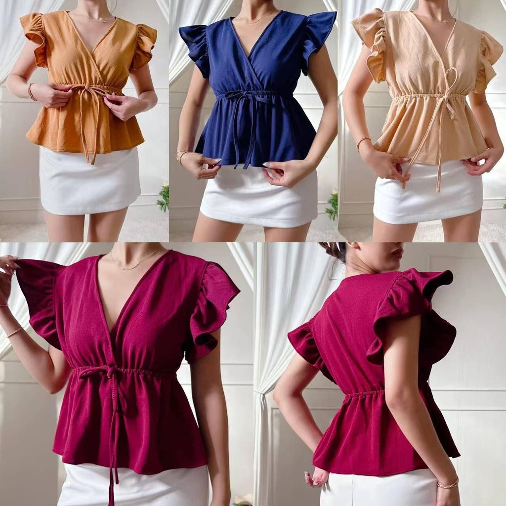1130-Ruffle Sleeve Cotton crepe Sleeveless V-neck Ribbon very comfy to ...