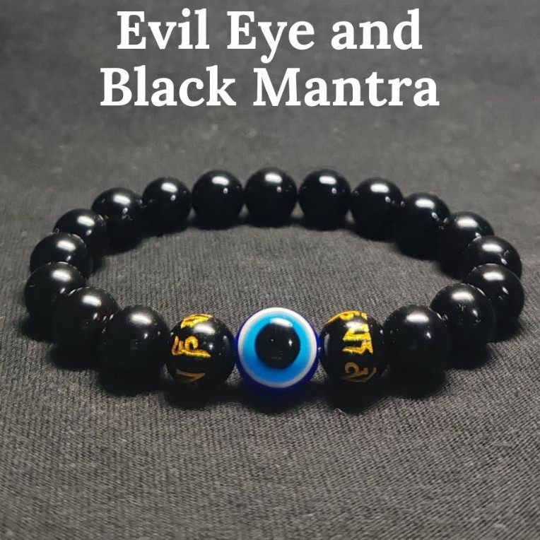 8MM Evil Eye Black Mantra & Obsidian Lucky charm Elastic bracelet for ...