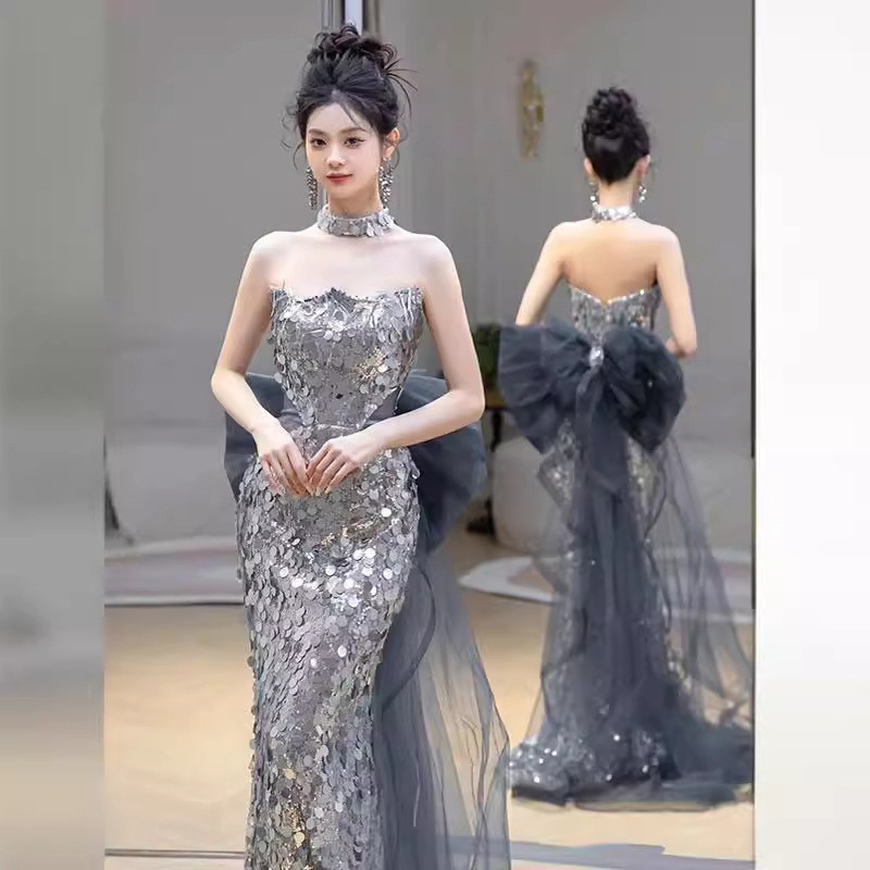 2025 Mermaid Evening Dress Silver Sequined Prom Dress Deluxe Customized ...