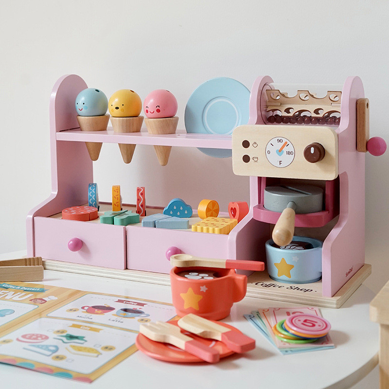 Children Ice Cream Toy Wooden Ice Cream Shop Coffee Machine Ice Cream ...