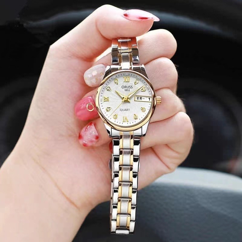 ORUSS Original Luxury Dual Calendar Stainless Steel Fashion Ladies ...