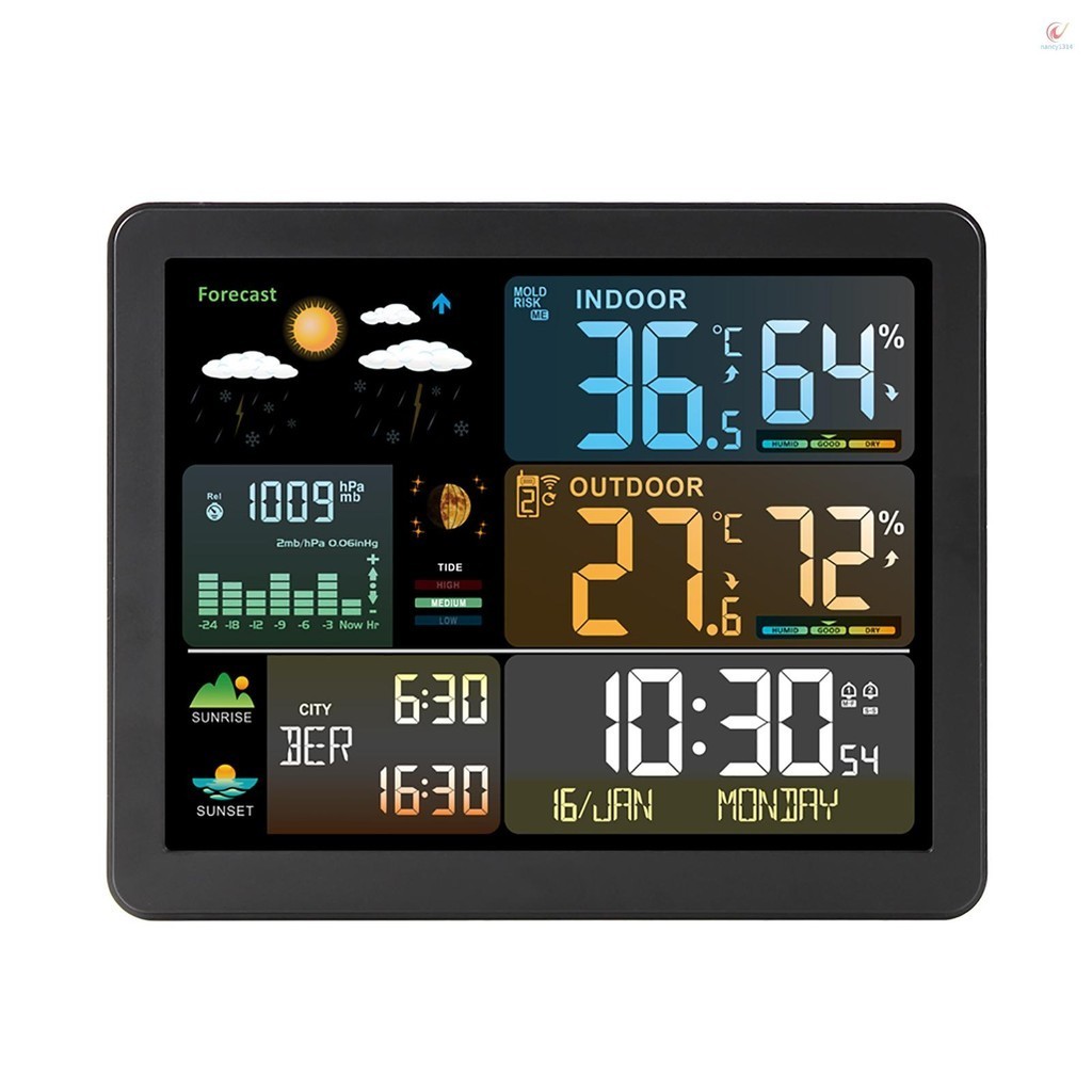 Nancy FJ3566M Smart Weather Station with Clock Indoor and Outdoor Temperature & Humidity Meter ...